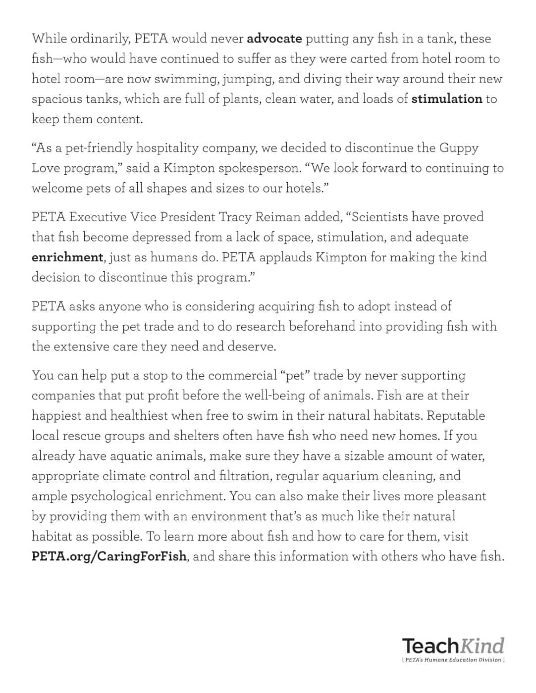 TeachKind Rescue Stories: Hotel Ends Fish-Rental Program | PETA