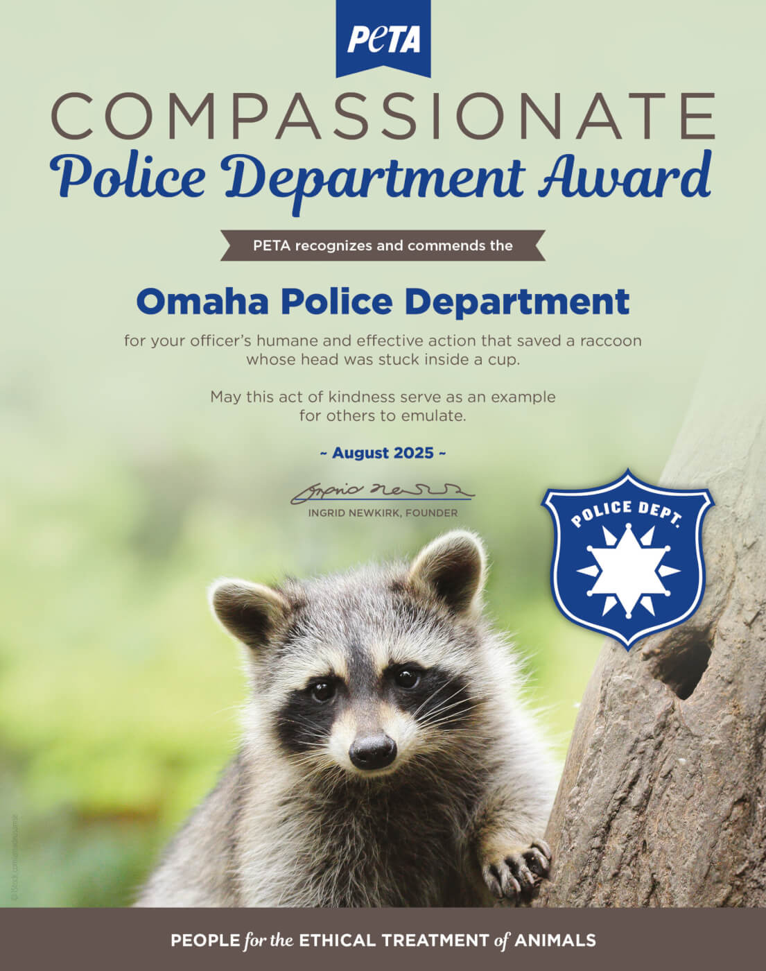 Omaha Police Department Nabs PETA Award for Saving Raccoon Whose Head ...